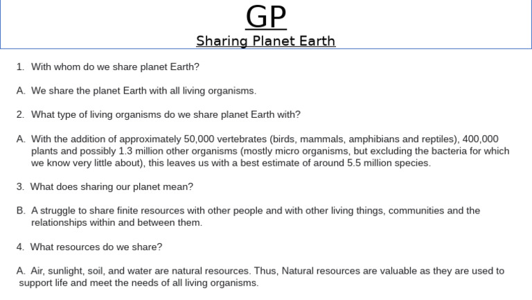 GP Project Work - Sharing Planet Earth | PDF