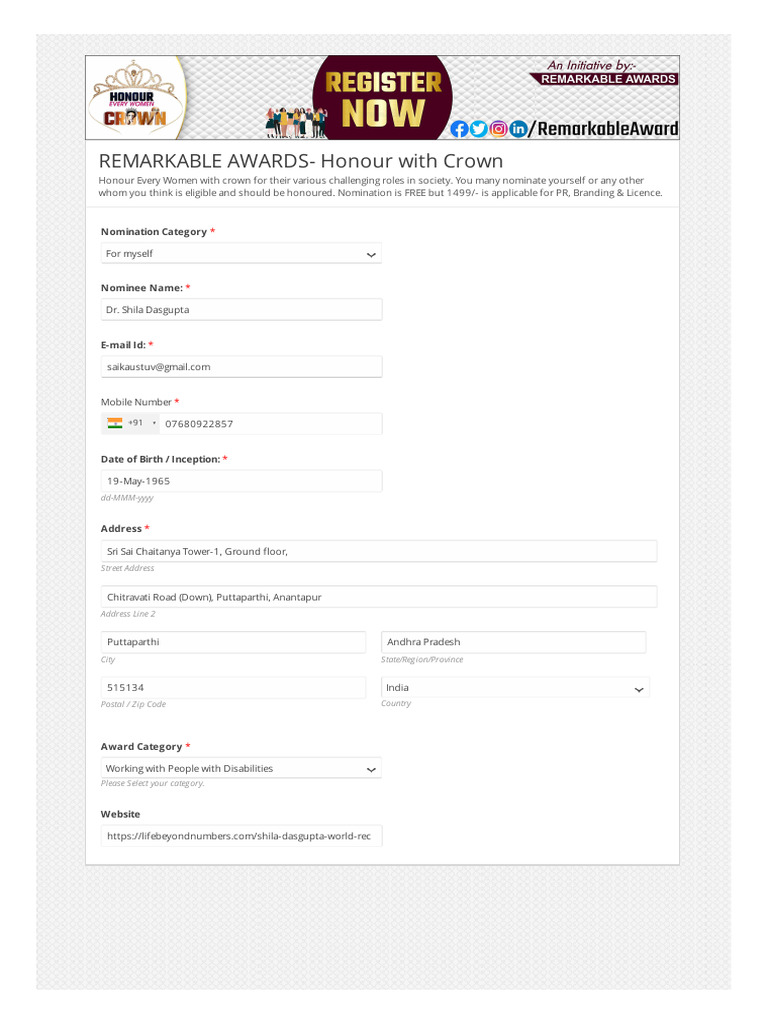 REMARKABLE AWARDS - Honour With Crown Dr. Shila Dasgupta | PDF