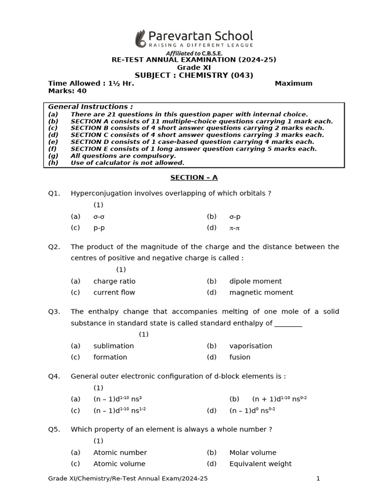Grade XI Chemistry Exam Guide | PDF | Chemical Bond | Valence (Chemistry)