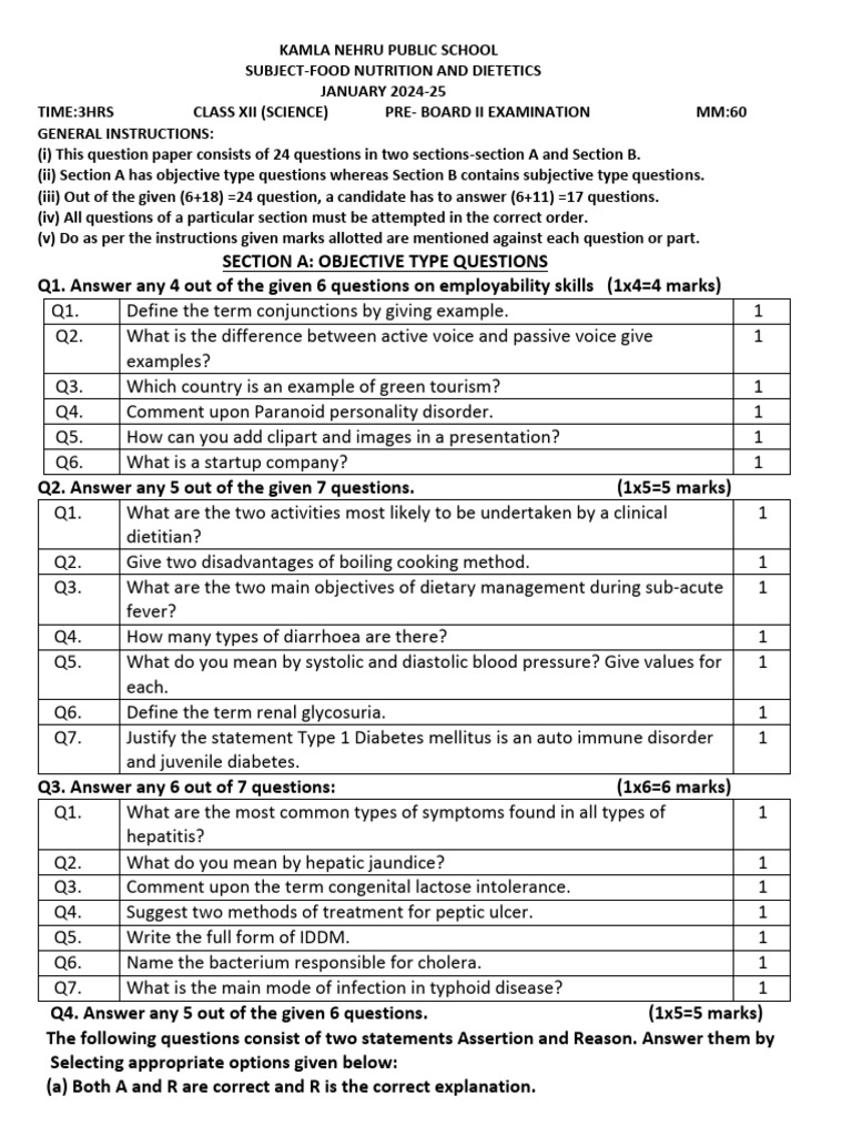 Pre Board 2 Food Nutrition Paper | PDF | Diabetes | Dietitian