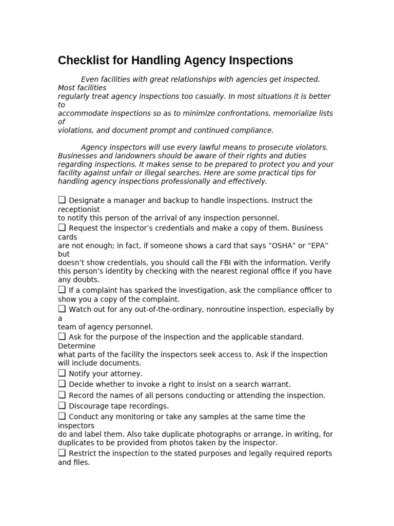 Checklist For Handling Agency Inspections | PDF | Occupational Safety ...
