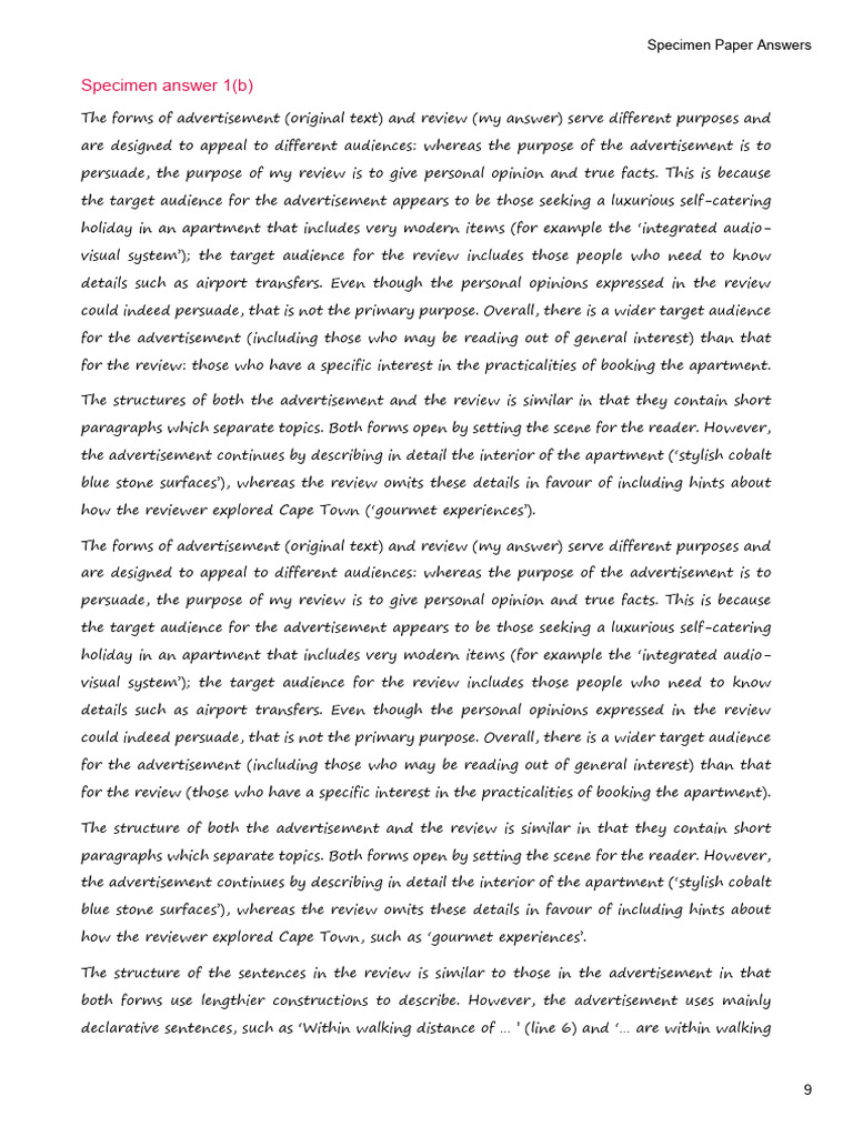 AICE English Paper 1 Model Answers | PDF | Advertising | Sentence ...