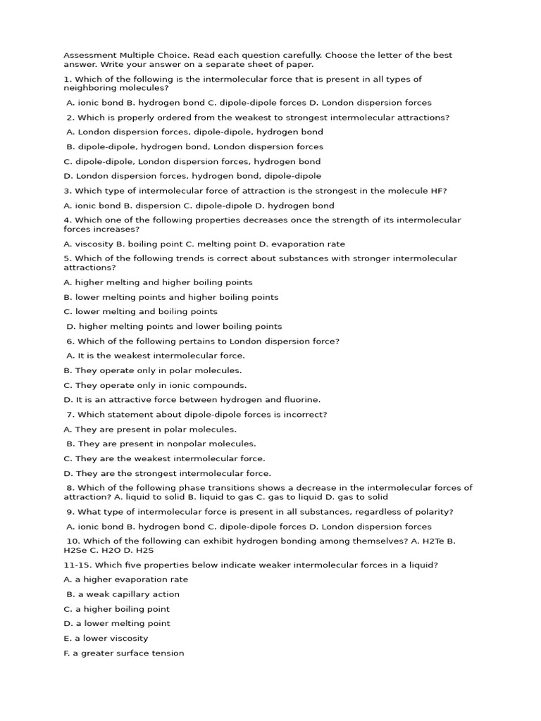 Assessment Multiple Choice | PDF | Intermolecular Force | Chemical Polarity