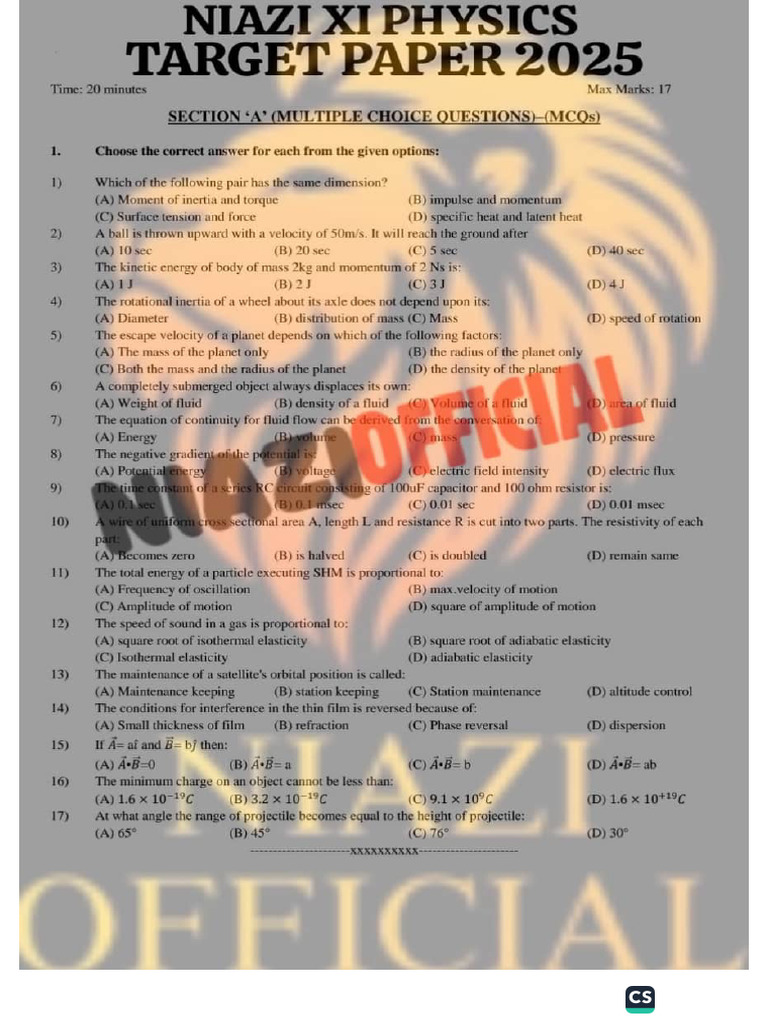 Niazi Xi Physics Target Paper 2025 | PDF