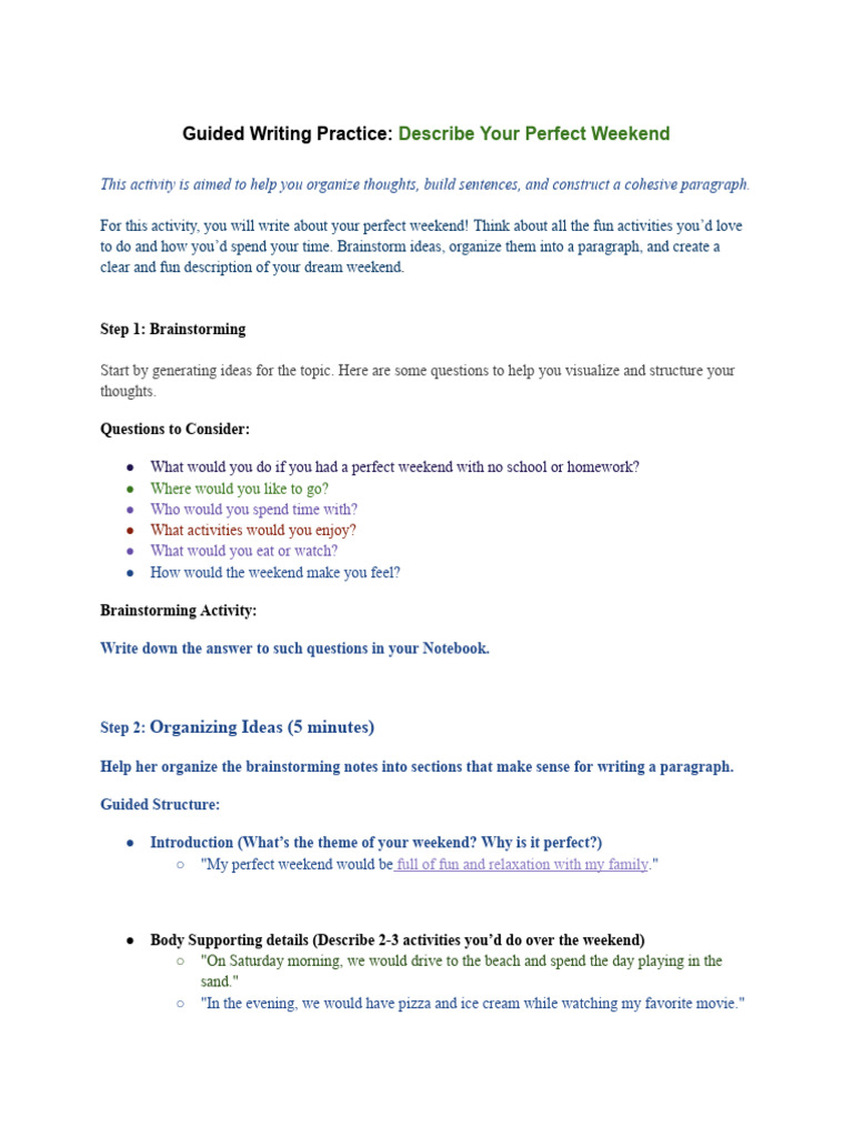Guided Writing Practice - Describe Your Perfect Weekend | PDF