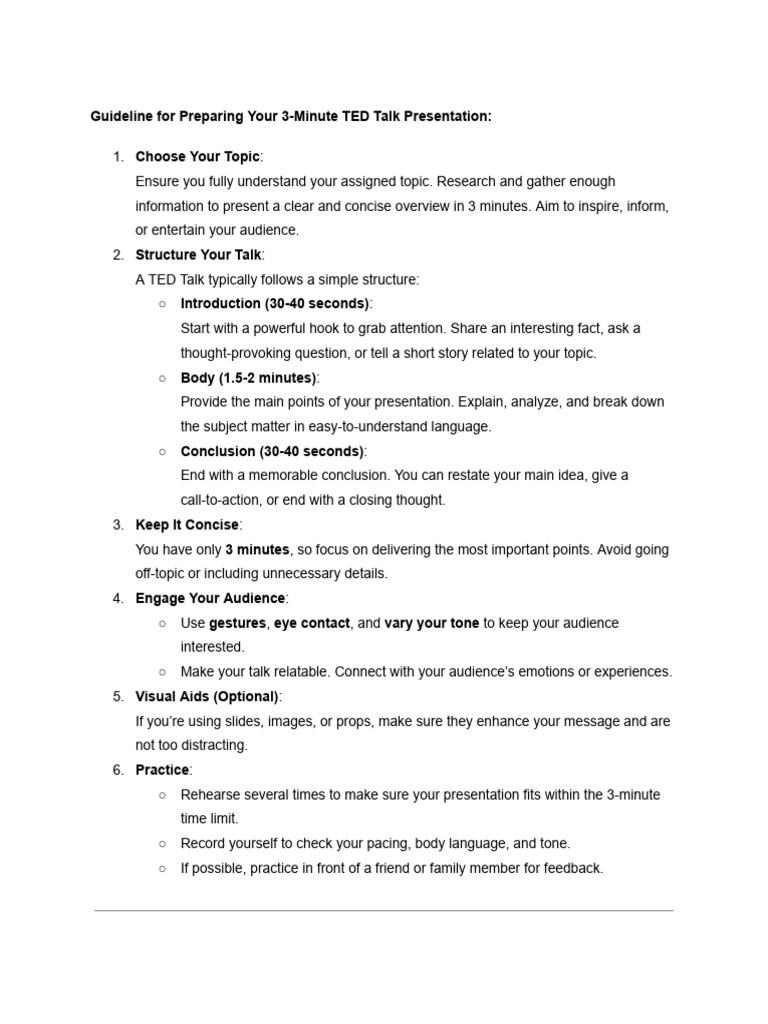 TED Talk Preparation Guidelines | PDF | Cognition | Communication