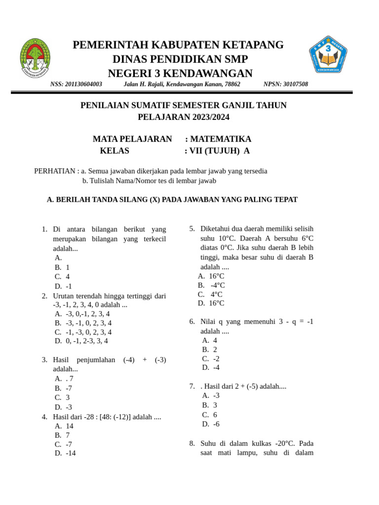 Penilaian Sumatif Akhir Semester 1 MTK 7a | PDF