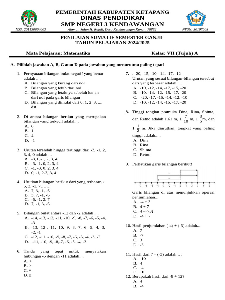ULANGAN MTK KELAS 7A 2024 | PDF