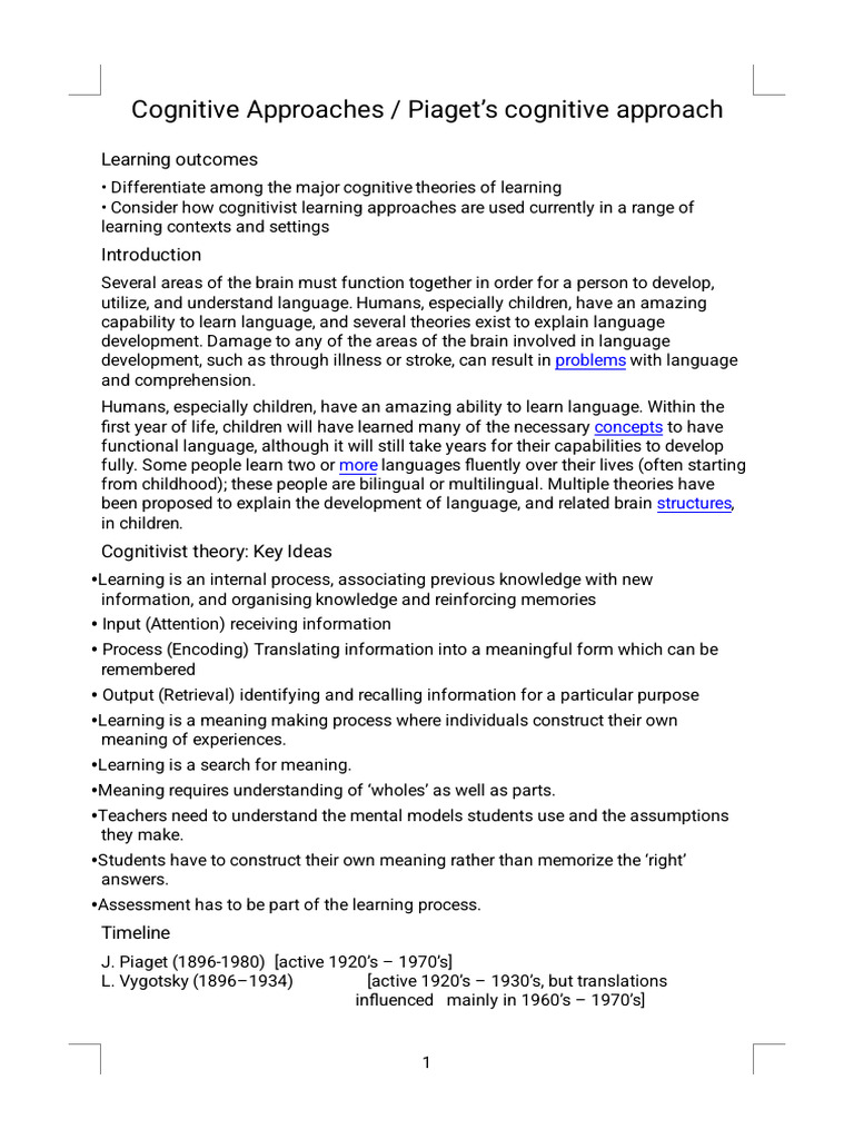 Piaget's Cognitive Approach, Attention and Perception | PDF ...