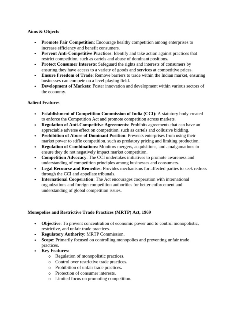 Competition Law in India: Key Objectives & Features | PDF | Competition ...