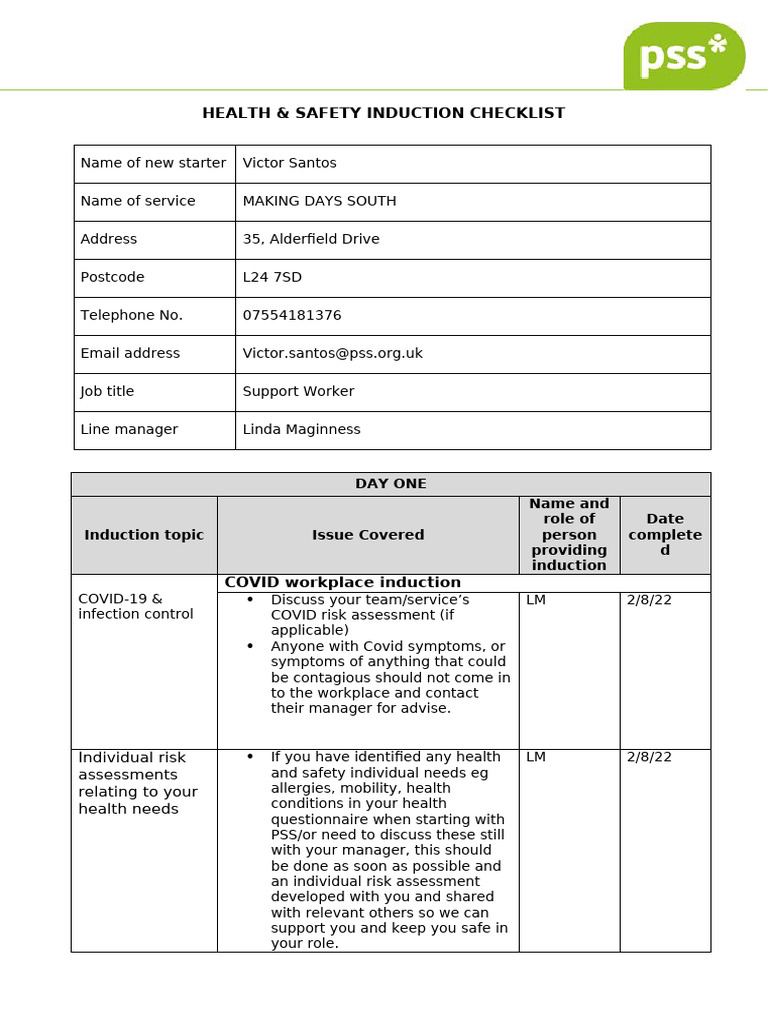Health and Safety Induction Checklist | PDF | Occupational Safety And ...