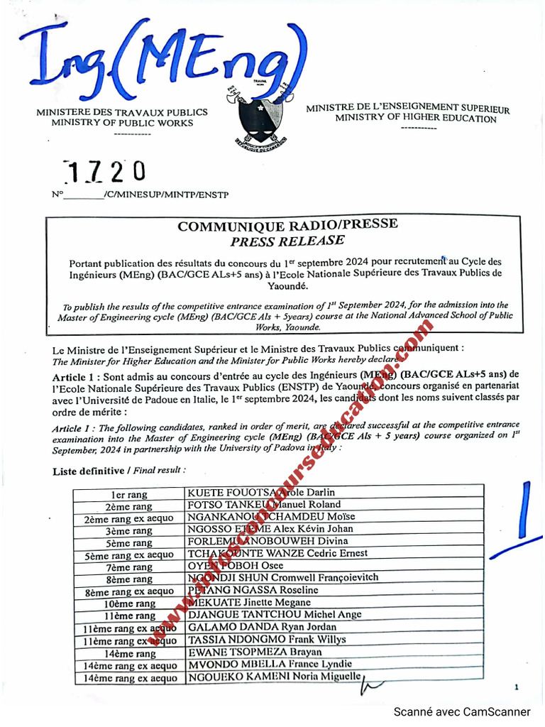 ENSTP MENG 2024-2024 | PDF