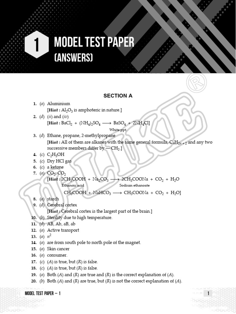 Science Model Test Paper 1 Answers | PDF | Acid | Ph