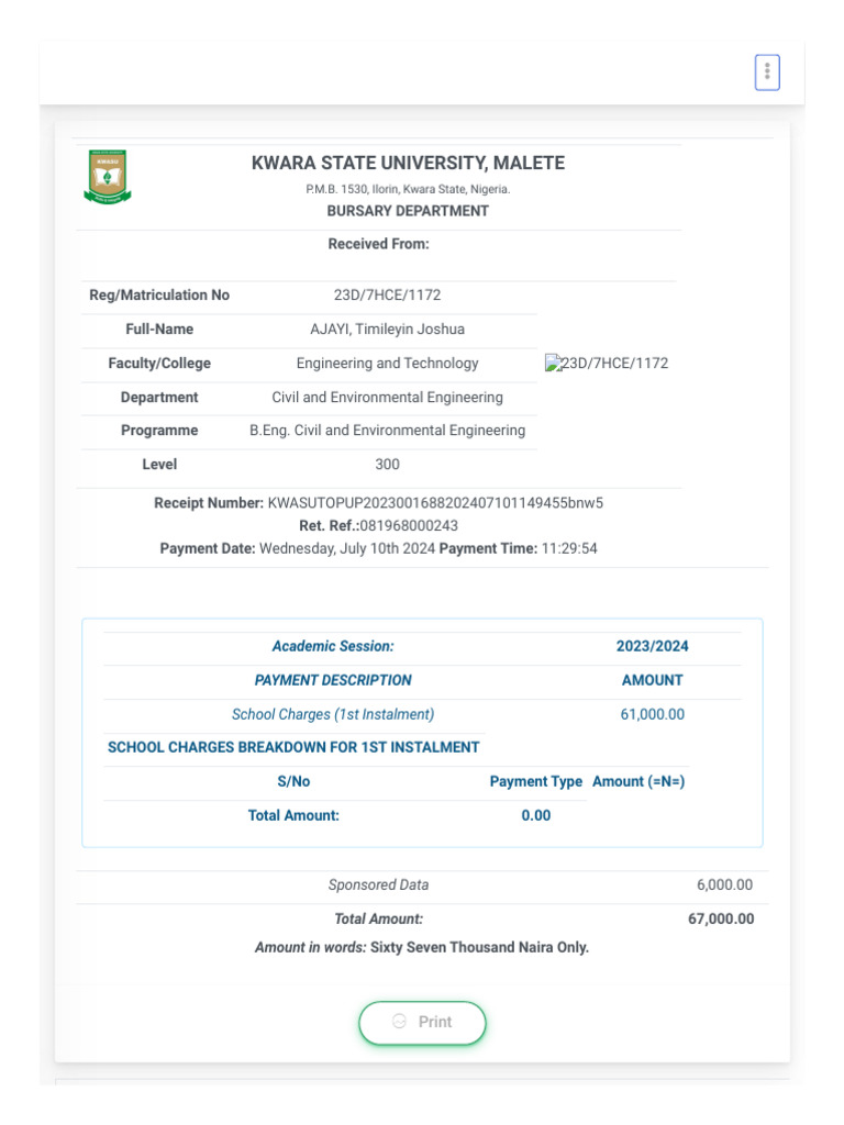 KWASU Bursary Payment Receipt 2024 | PDF