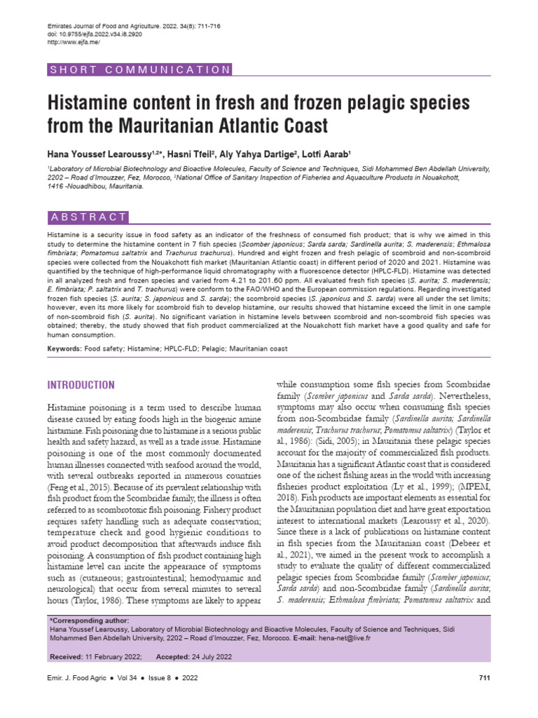 Histamine Content in Fresh and Frozen Pelagic Species | PDF | High ...
