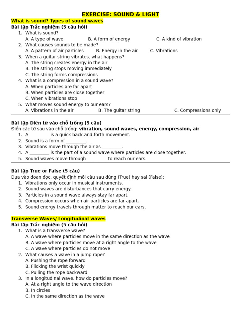 Exercise Sound and Light | PDF | Electromagnetic Spectrum | Waves