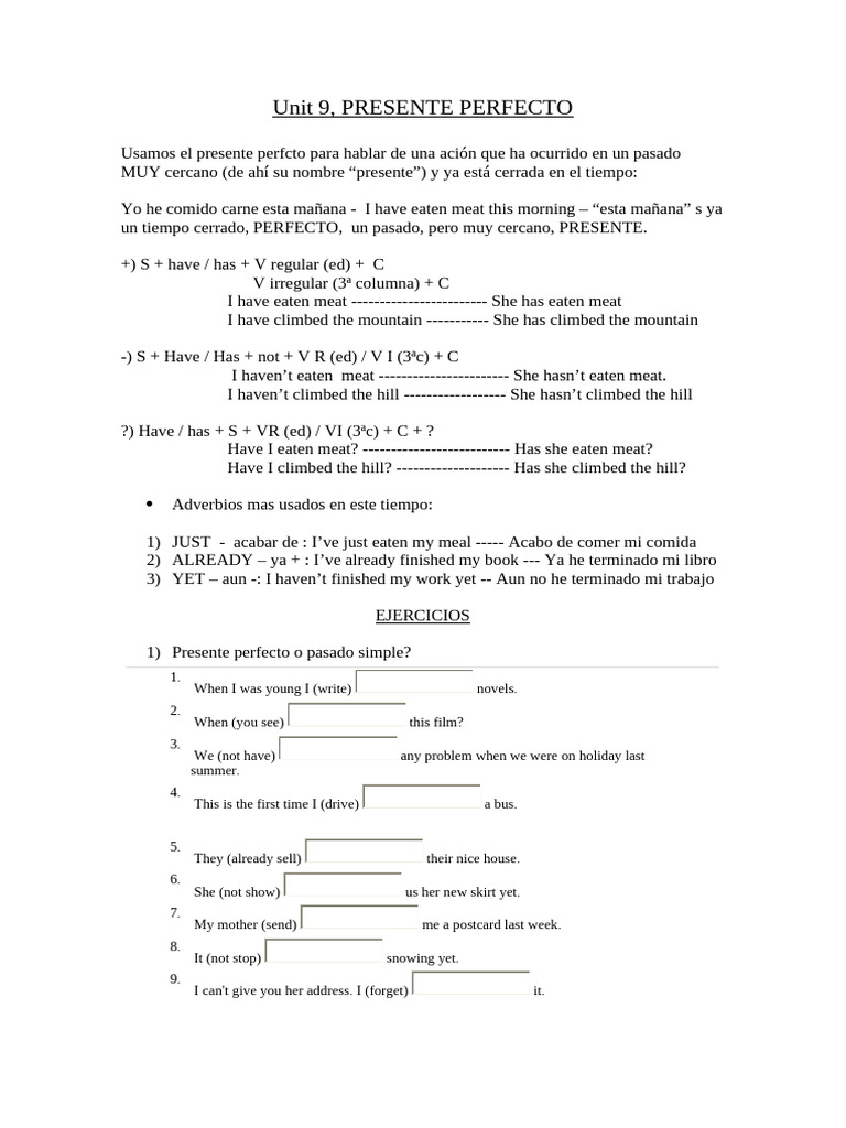 Inglés, Ciclo Formativo Básico. Unit 9, Presente Perfecto | PDF