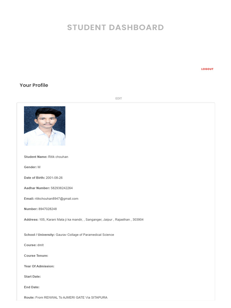 Student Dashboard for Ritik Chouhan | PDF