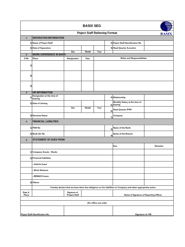 Project Staff Relieving Format _BASIX SEG (1) | PDF | Financial ...