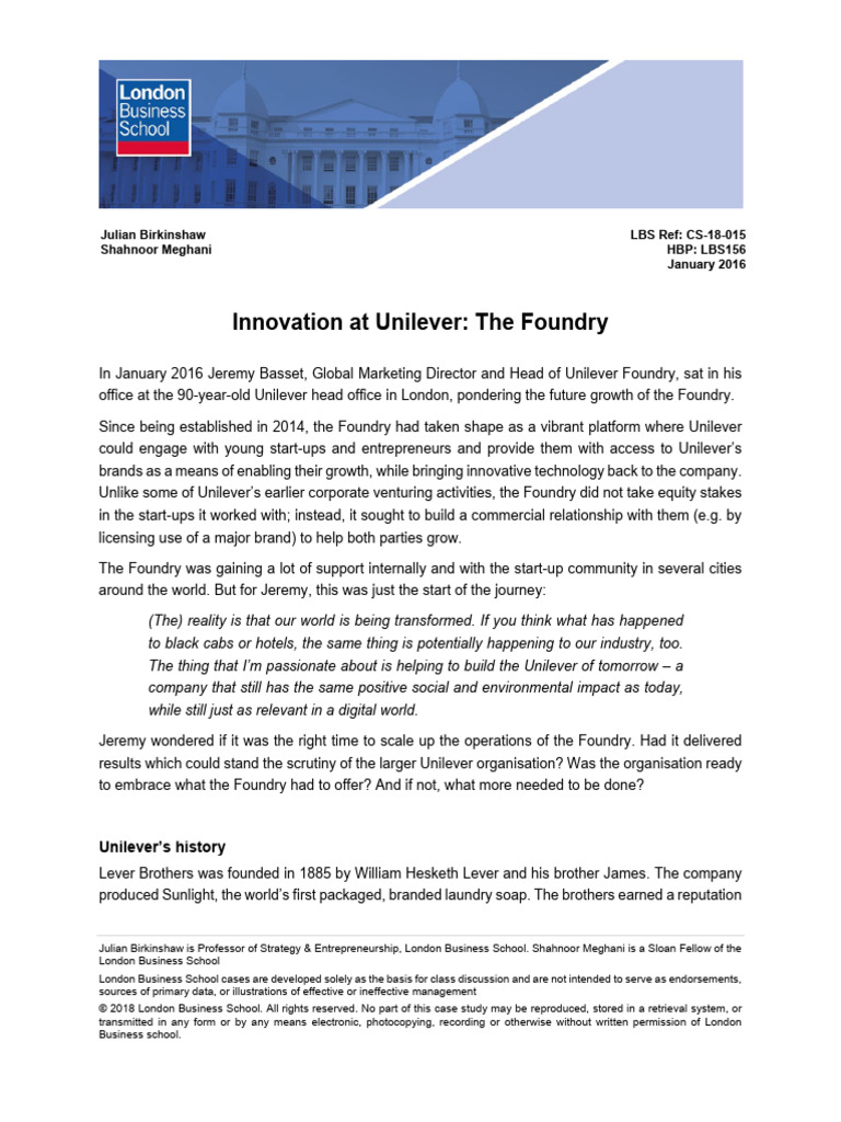 Innovation Strategies at Unilever Foundry | PDF | Startup Company ...
