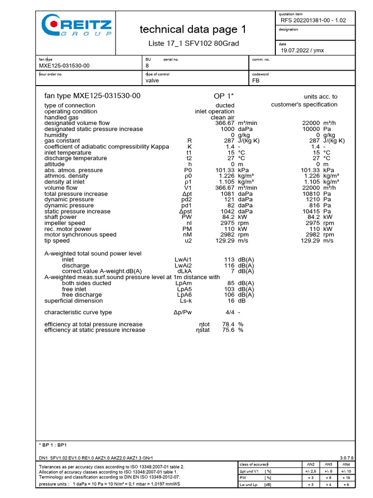 Datasheet - 22000m3h, 10000pa, 110KW-3 | PDF | Decibel | Pascal (Unit)