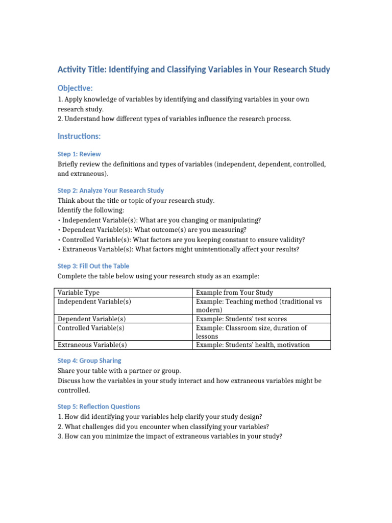 Activity Identifying and Classifying Variables | PDF