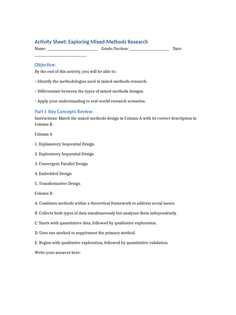 Exploring Mixed Methods Research Activity Sheet | PDF | Qualitative ...