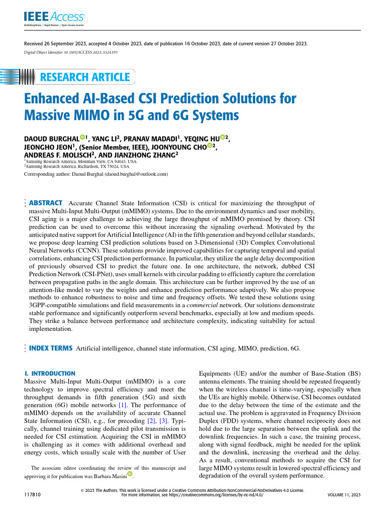 Enhanced AI-Based CSI Prediction Solutions For Massive MIMO in 5G and 6G Systems | PDF | Mimo ...