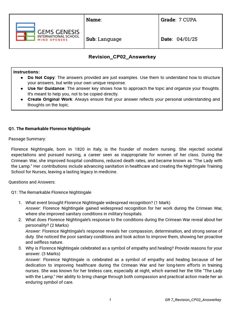 GR 7 - Revision - CP02 - Answerkey | PDF | Florence Nightingale | Science