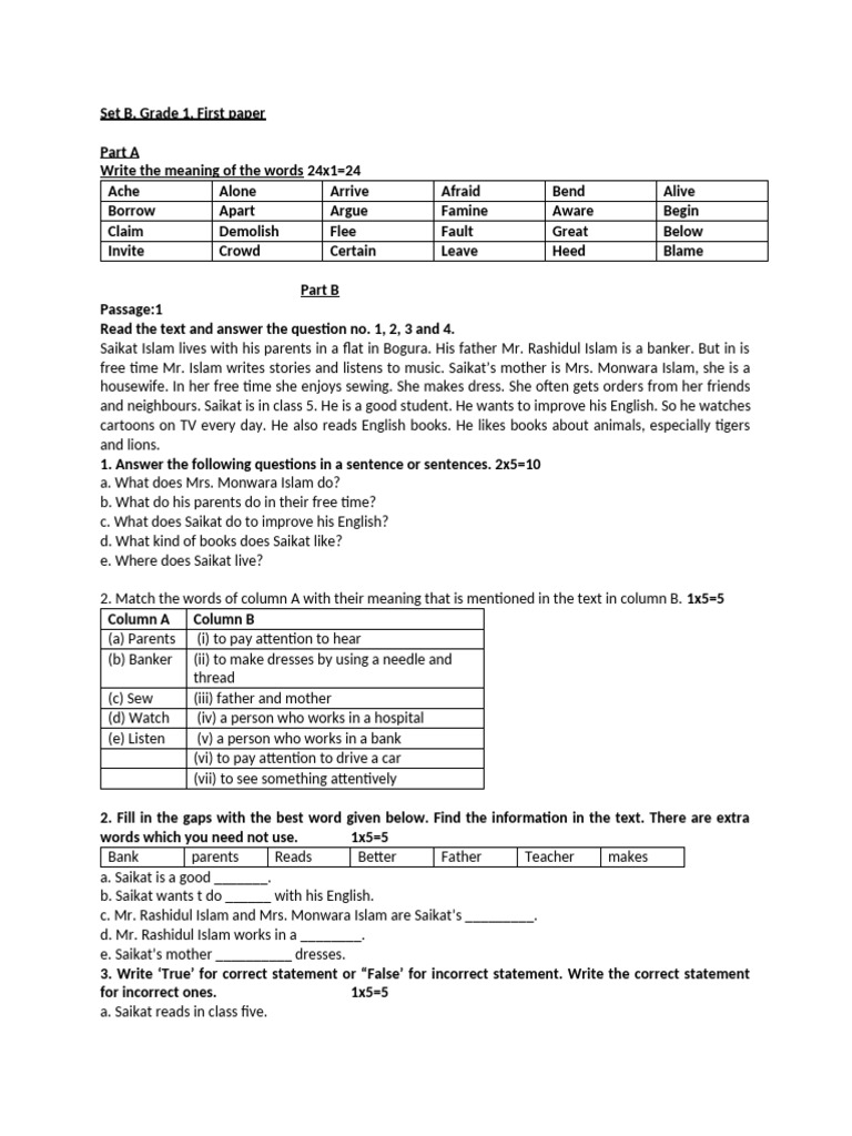 Grade 1, set b, First paper | PDF | Lunch | Dinner