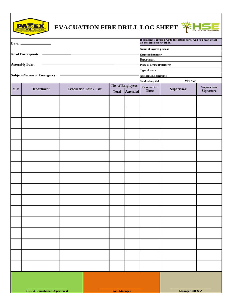 Evacuation & Fire Drill Log Sheet Glue Plant | PDF