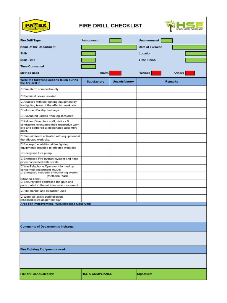 Evacuation & Fire Drill Checklist Glue Plant | PDF
