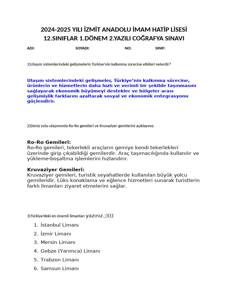 12.sinif 1.dönem 2.yazili | PDF