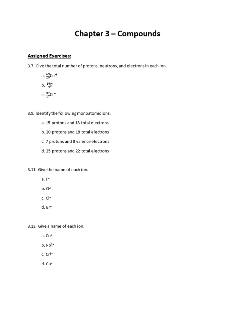 Assigned Exercises - Chapter 3 | PDF | Ion | Chemical Compounds