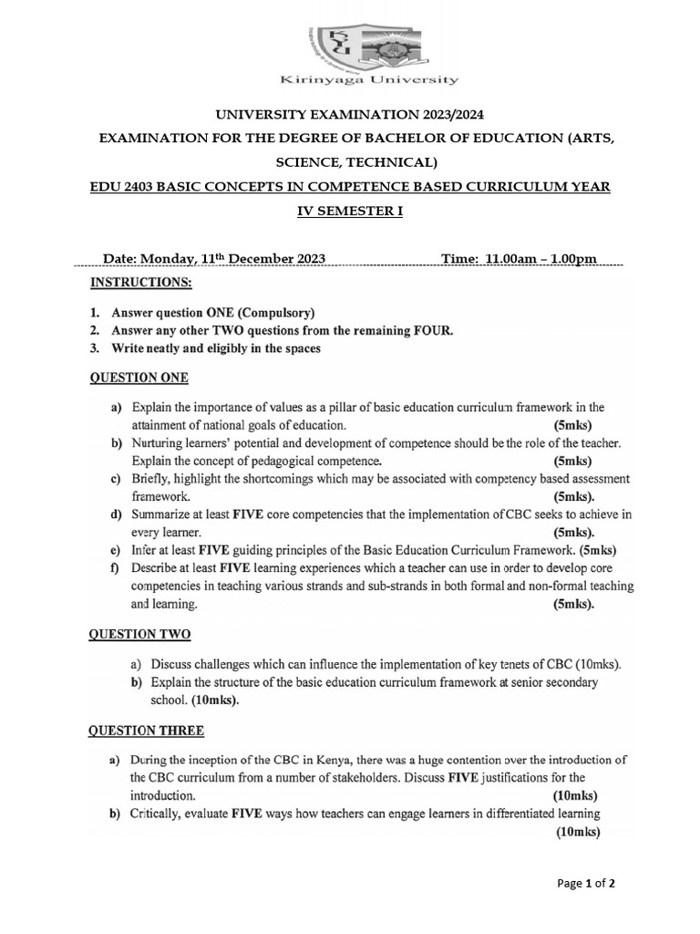 Competency Based Curriculum Exam 2023 | PDF