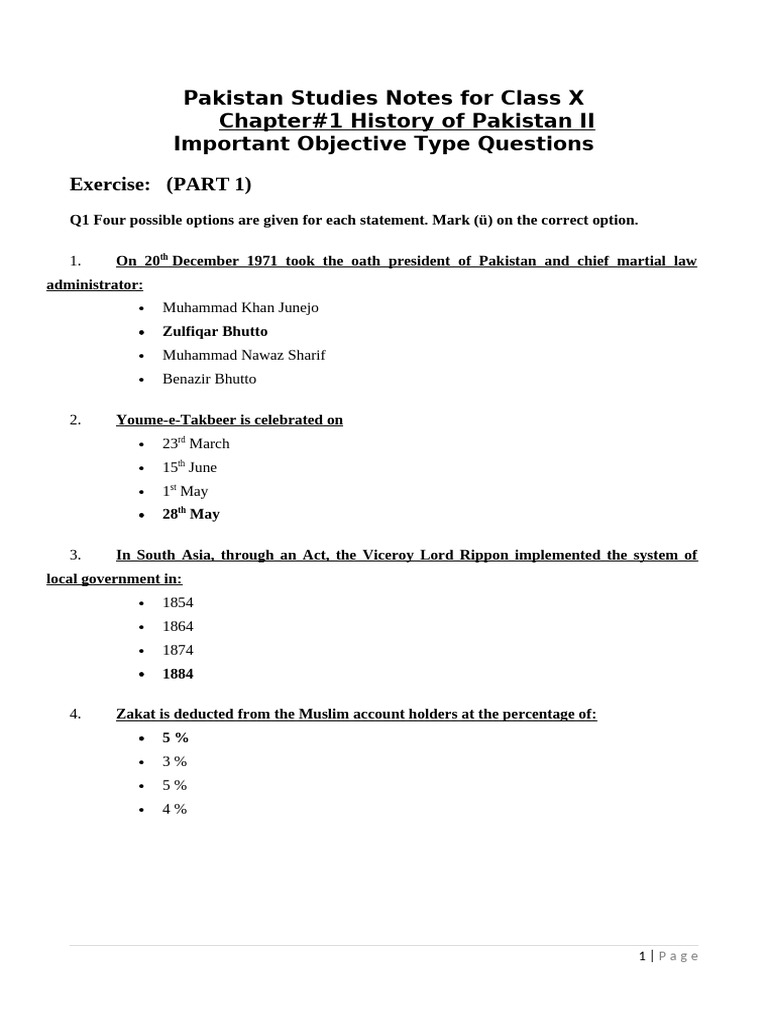 Class X Pakistan Studies Chapter 1 Notes | PDF | Benazir Bhutto | Nawaz ...