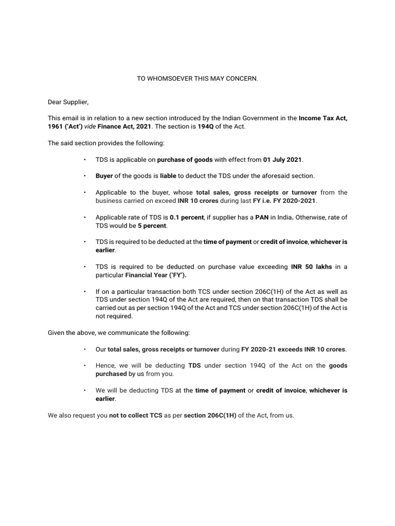 Above 10 cr Declaration for 194Q | PDF