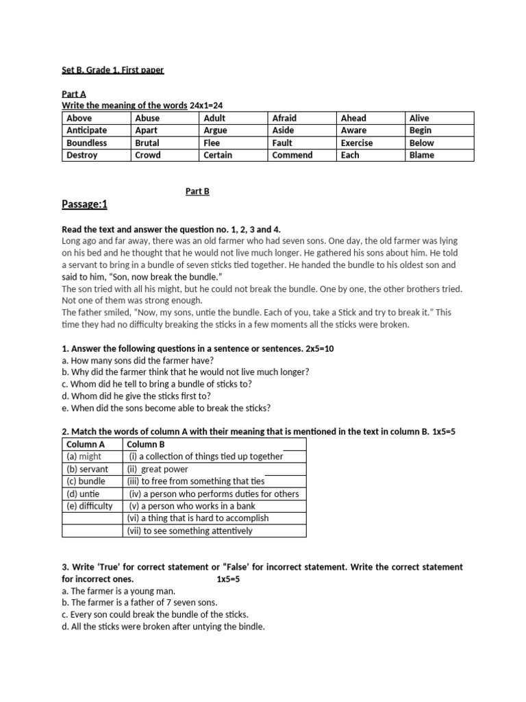 Grade 1 Vocabulary and Comprehension Test | PDF | Bangladesh