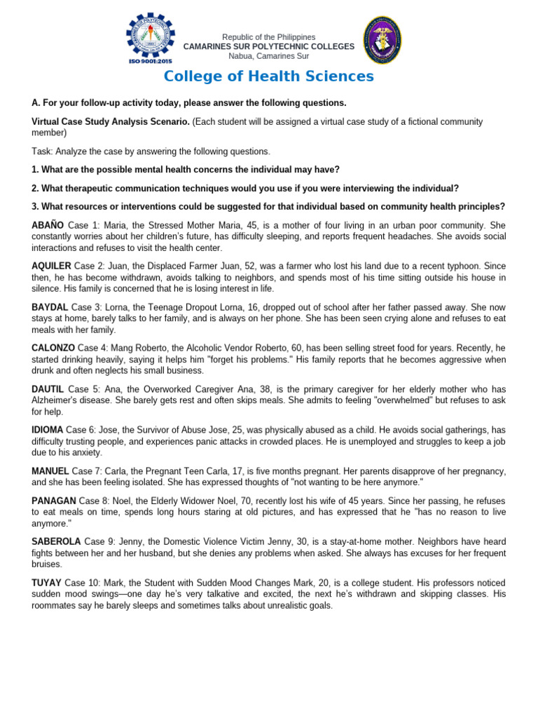 Followup Virtual Case Study Analysis Activity BHS Lourdes 2725 | PDF ...