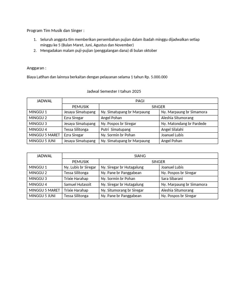 Jadwal Dan Program Tim Musik | PDF