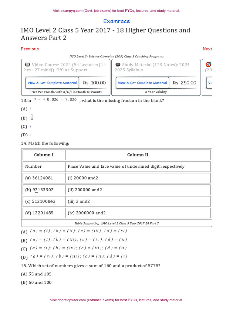 IMO Level 2 Class 5 Year 2017 18 Part 2 | PDF | Subtraction | Numbers