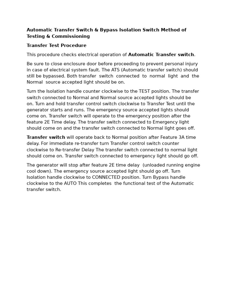 Automatic Transfer Switch & Bypass Isolation Switch Method of Testing ...