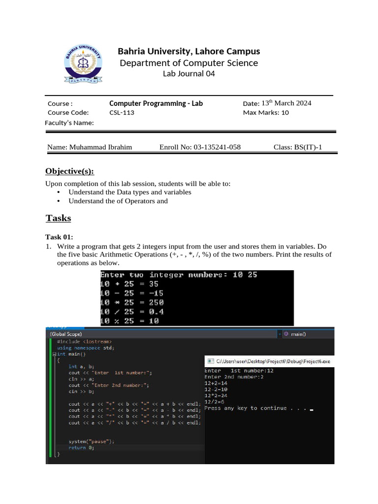Programming Lab Tasks for BS(IT) Students | PDF | Computer Science ...
