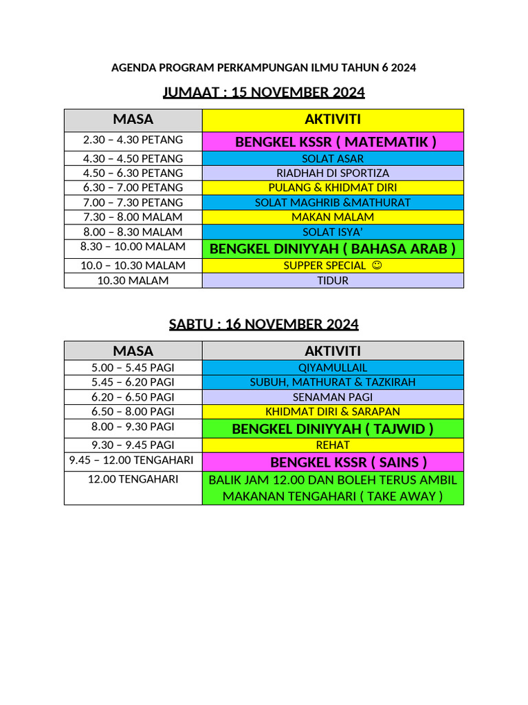 Agenda Program Perkampungan Ilmu Tahun 6 2024 | PDF