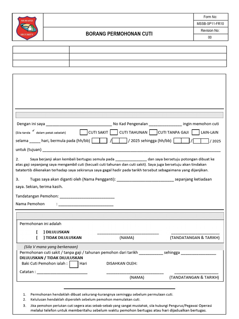 MSSB-SP11-FR10 Borang Permohonan Cuti | PDF