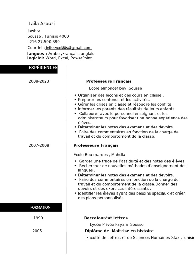 CV de Laila Azouzi, Professeur de Français | PDF