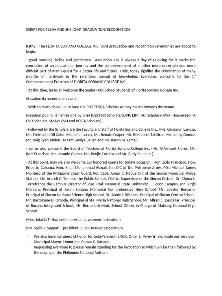 SCRIPT For TESDA GRADUATION | PDF | Philippines