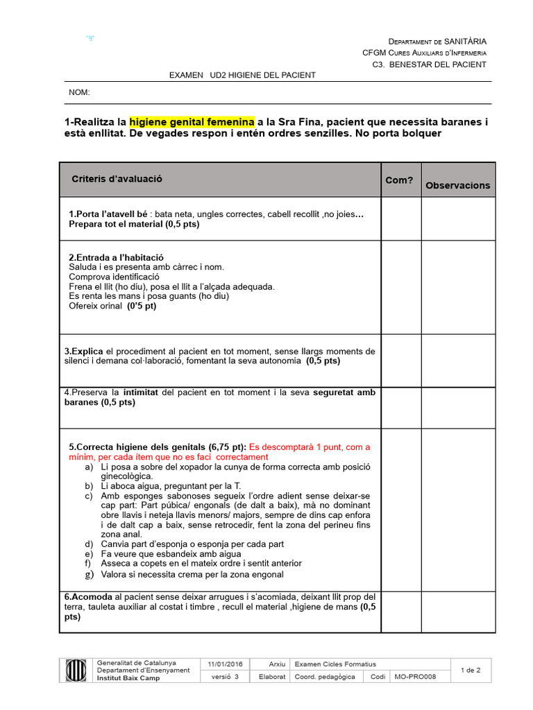 Examen 2 Pràctic UD2. Higiene Genital Femen.docx | PDF