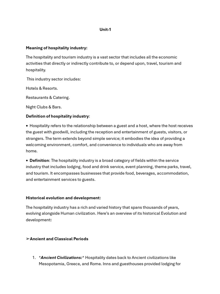 Introduction To Hospitality Unit 1 Document | PDF | Tourism ...