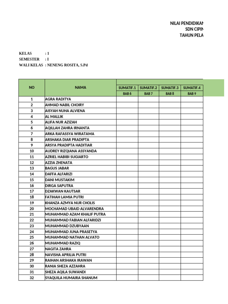 File Format Buku Nilai Pai & BP 2025 Semester 1 | PDF